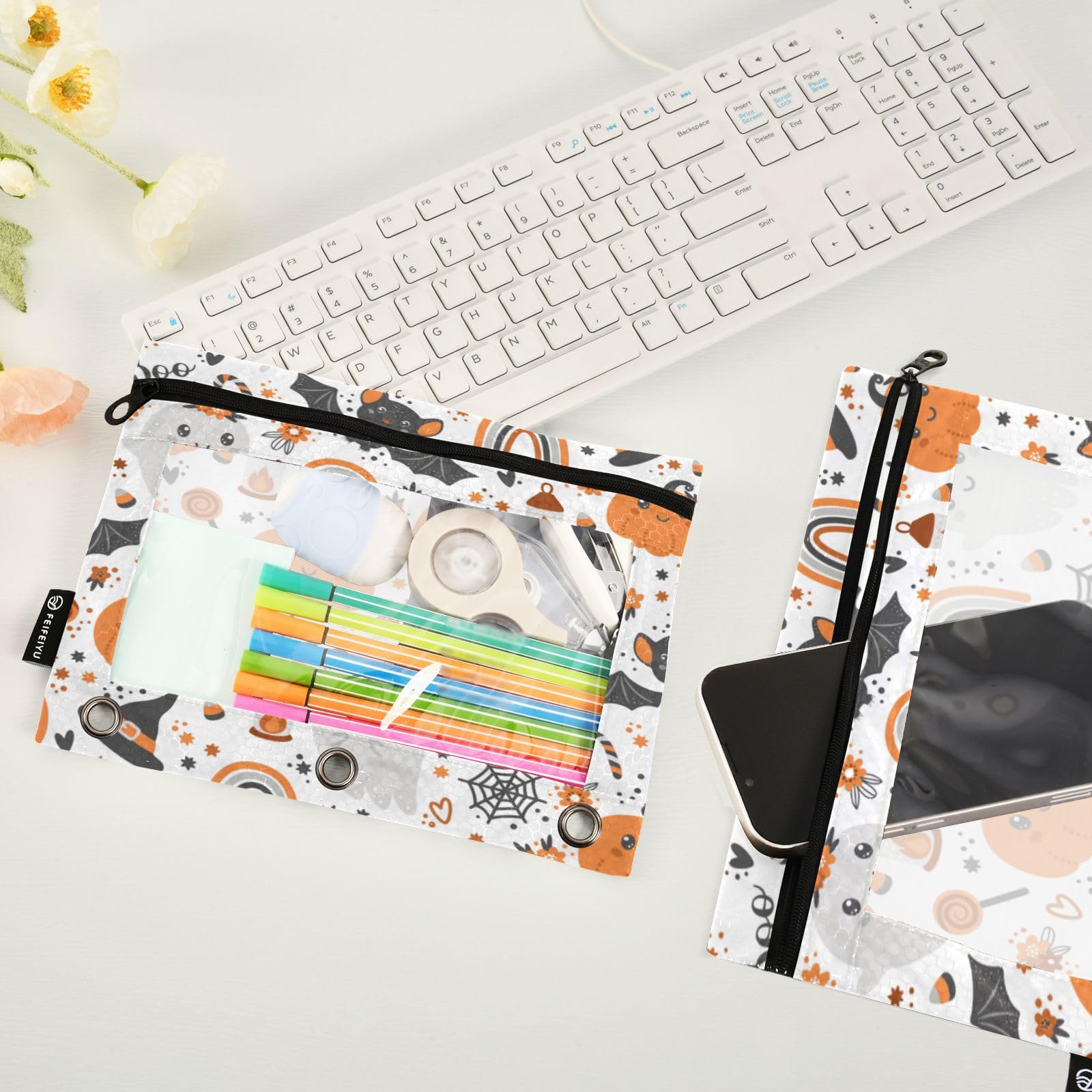 MCHIVER Halloween Ghost Pumpkins Bat Pencil Pouch for 3 Ring Binder Pencil Case with Zipper Clear Window Binder Bag for Office Daily Supplies 2 Pack