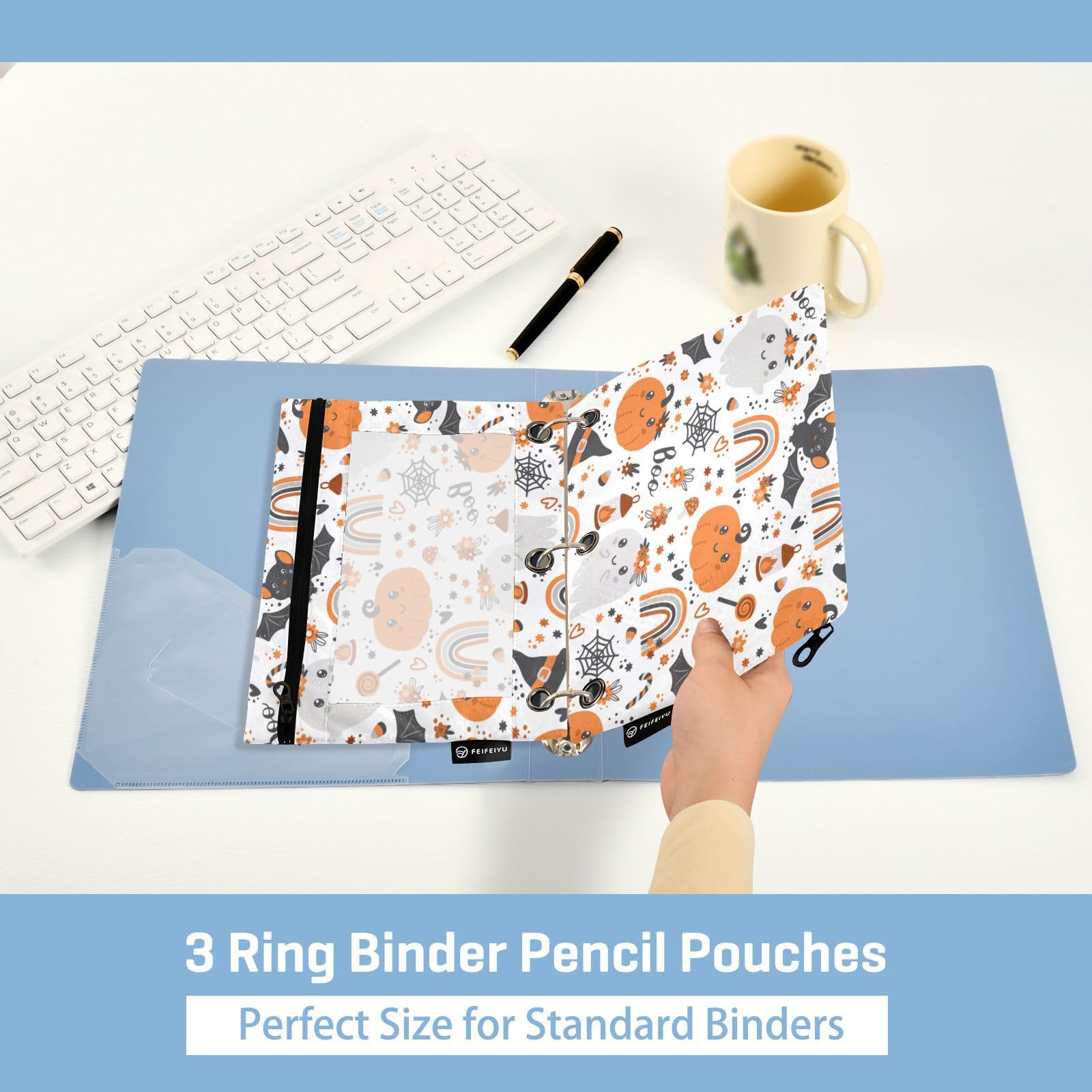 MCHIVER Halloween Ghost Pumpkins Bat Pencil Pouch for 3 Ring Binder Pencil Case with Zipper Clear Window Binder Bag for Office Daily Supplies 2 Pack