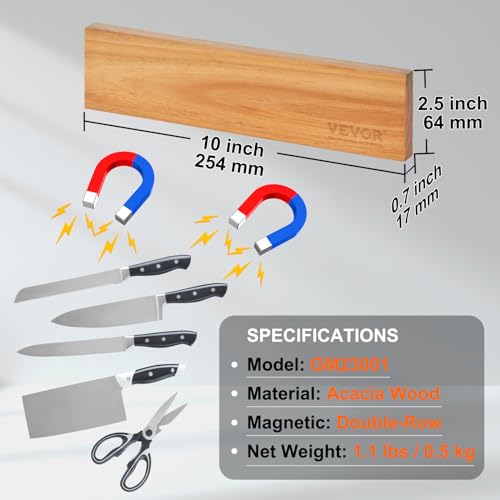VEVOR Magnetic Knife Holder 10", Enhanced Strong Magnet, No Drilling Knife Strips Organizer for Wall, Multifunctional Storage Acacia Wood Knives Rack Kitchen Bar Knives Christmas Crafts Xmas Gift