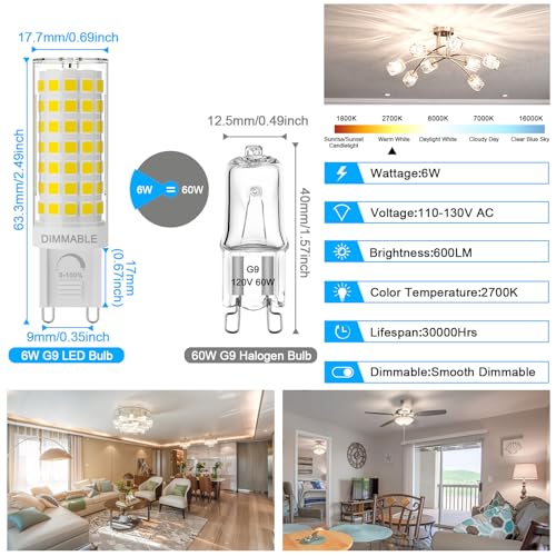 SNBIHIBE G9 LED Bulb Dimmable 6W, 120V 50W 60W T4 G9 Base Halogen Equivalent,G9 Light 4000K Natural White Chandelier Light Bulbs, No Flicker,for Home Lightings, Bathroom Fixtures 3pcs