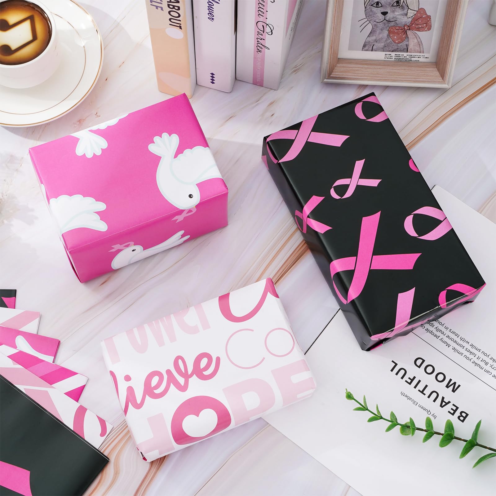 AnyDesign 12 Sheet Breast Cancer Awareness Wrapping Paper Pink Bow Peace Dove Gift Wrap Paper Bulk Decorative Art Paper for DIY Crafts, 19.7 x 27.6 Inch, Folded Flat