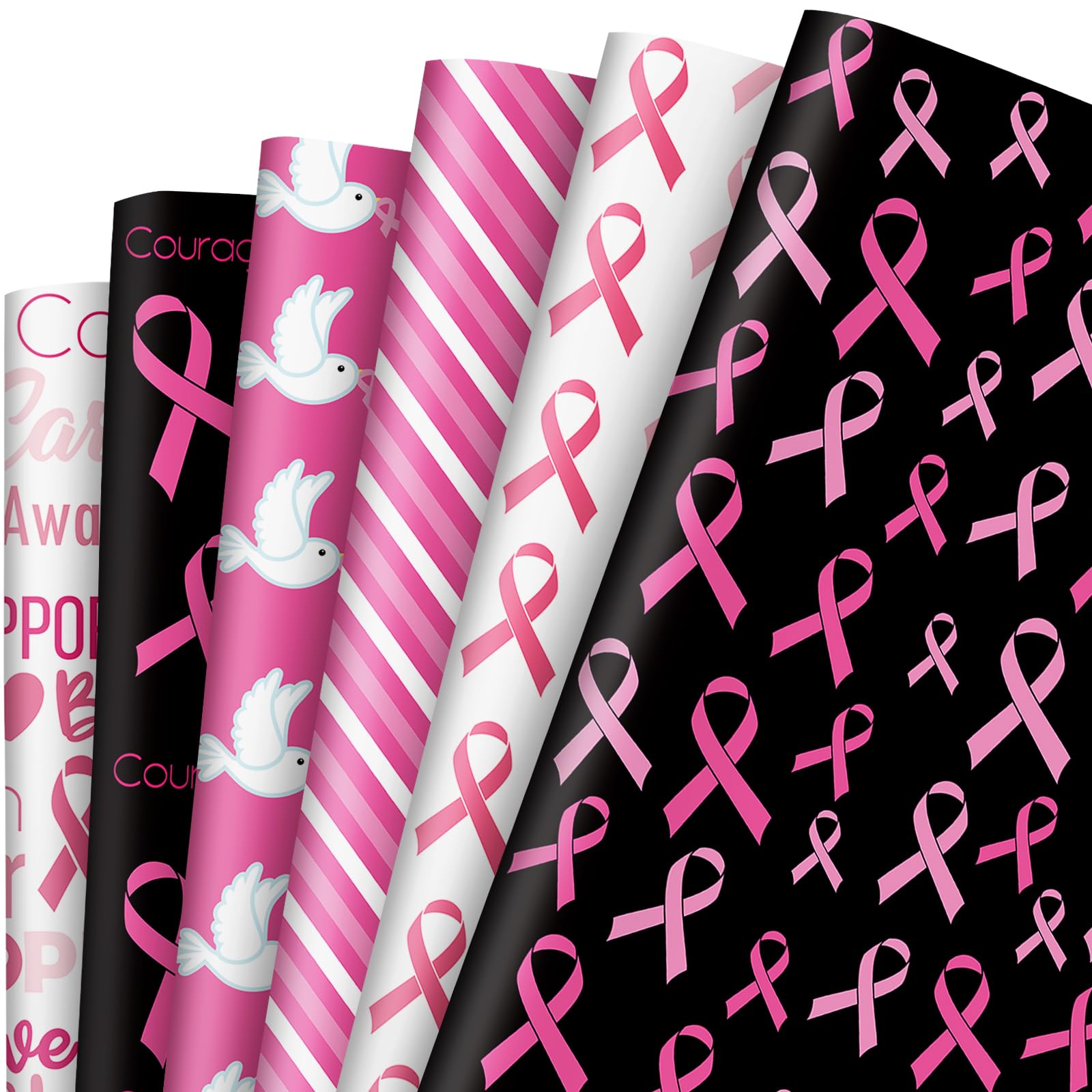 AnyDesign 12 Sheet Breast Cancer Awareness Wrapping Paper Pink Bow Peace Dove Gift Wrap Paper Bulk Decorative Art Paper for DIY Crafts, 19.7 x 27.6 Inch, Folded Flat