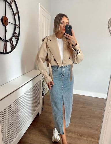 Bianstore Women's Cropped Trench Coat Fashion Long Sleeve Belted Jacket Outerwear(Khaki-XL)
