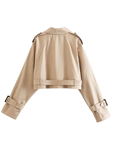 Bianstore Women's Cropped Trench Coat Fashion Long Sleeve Belted Jacket Outerwear(Khaki-XL)