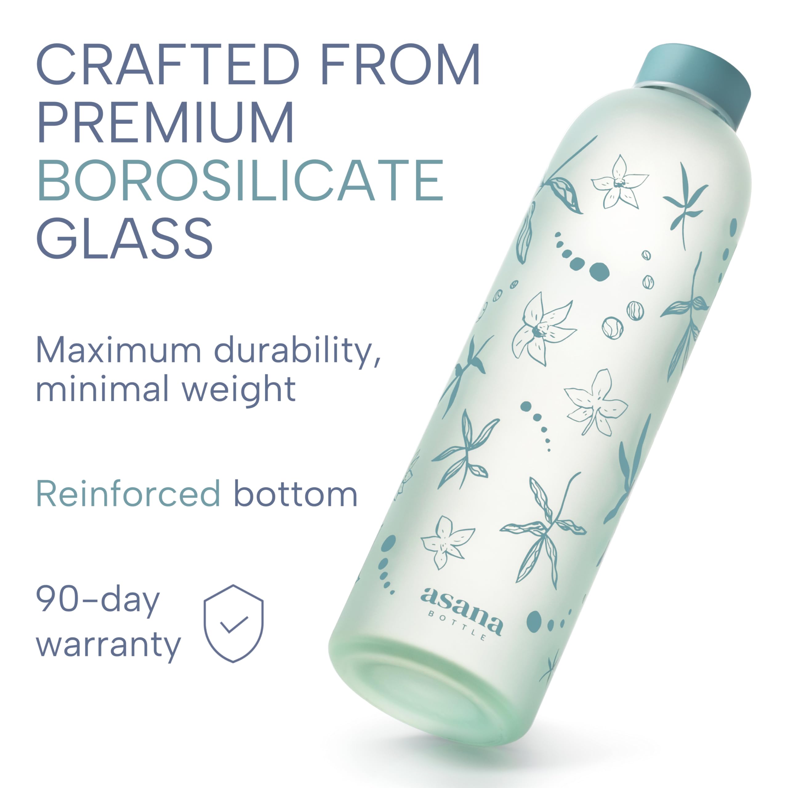 Asana Bottle 32 oz Glass Water Bottle with Time Marker, BPA Free Borosilicate Glass, Premium Leakproof Reusable Water Bottle with Times to Drink (Sage Serenity)