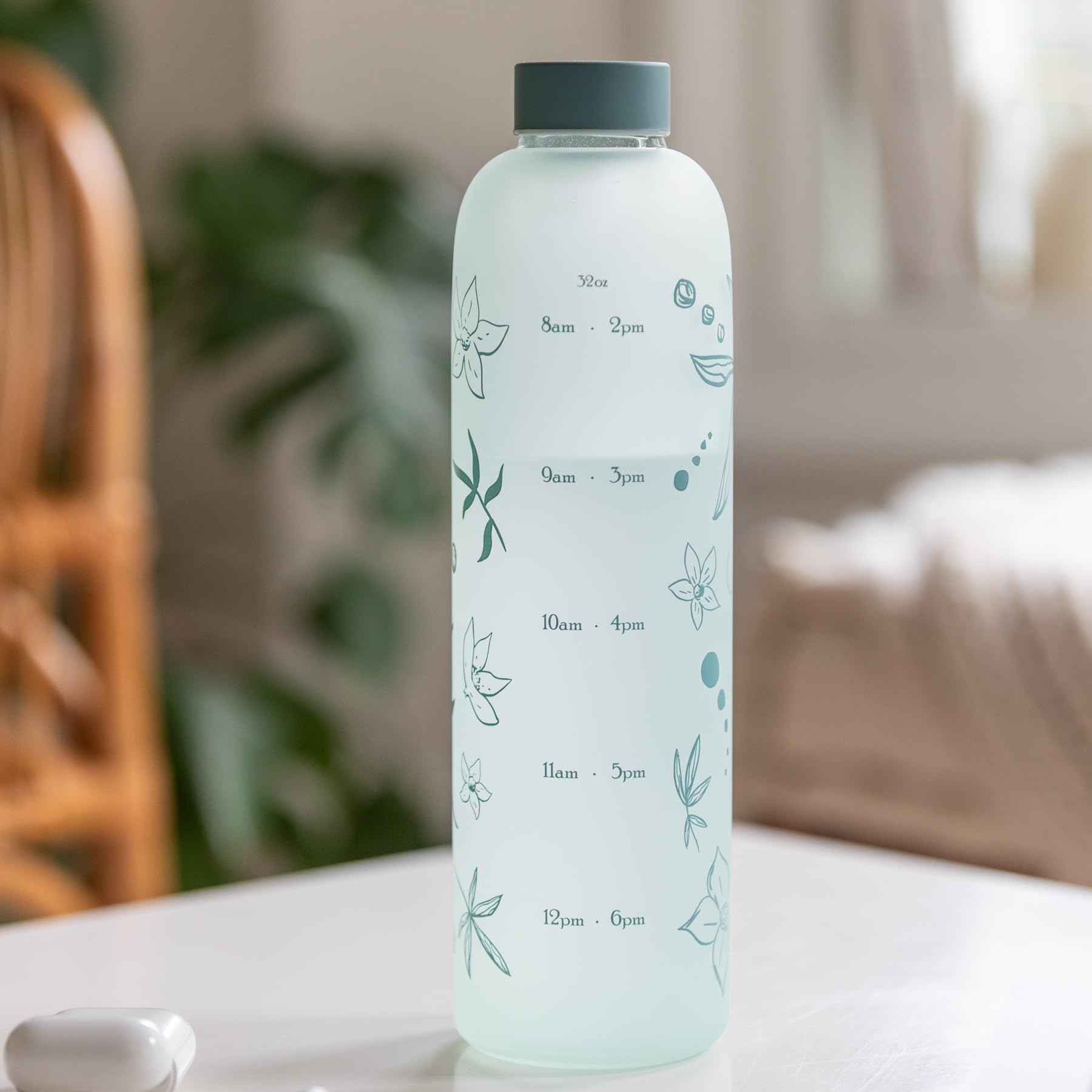 Asana Bottle 32 oz Glass Water Bottle with Time Marker, BPA Free Borosilicate Glass, Premium Leakproof Reusable Water Bottle with Times to Drink (Sage Serenity)