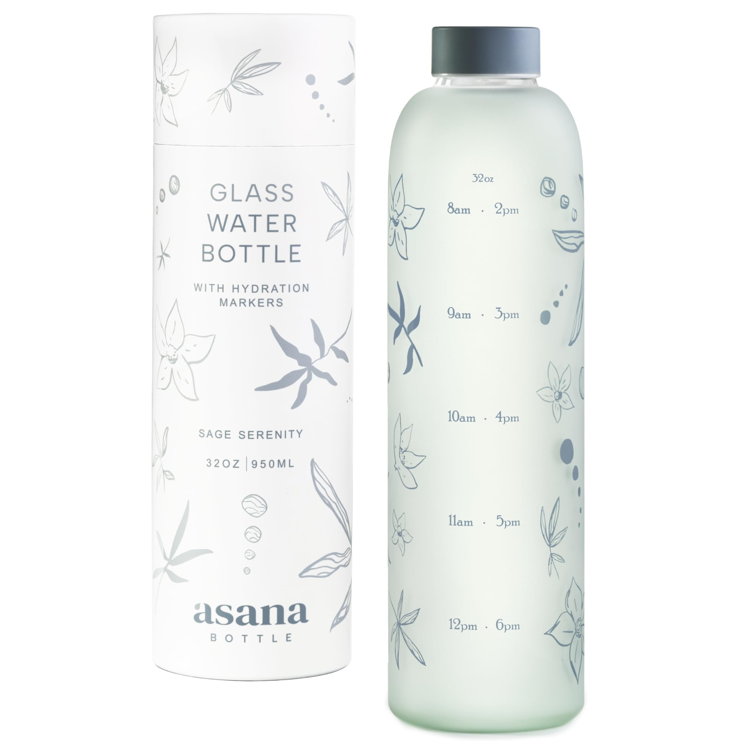 Asana Bottle 32 oz Glass Water Bottle with Time Marker, BPA Free Borosilicate Glass, Premium Leakproof Reusable Water Bottle with Times to Drink (Sage Serenity)