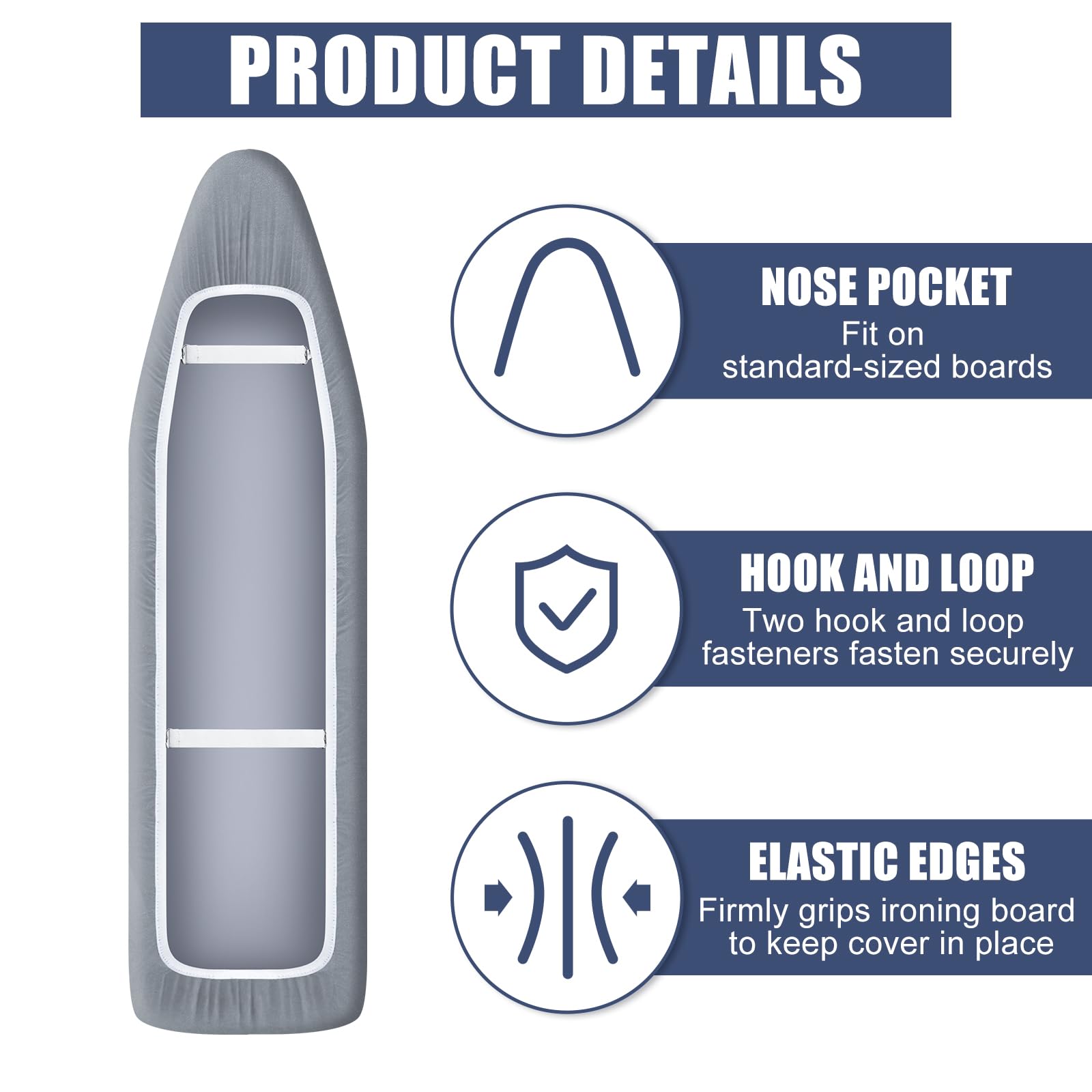 Hushee 2 Pack 19'' x 58'' Ironing Board Cover and Pad Scorch and Stain Resistant Iron Cover for Ironing Board with Elastic Edge Protective Scorch Mesh and 4 Fasteners for Home, Gray and Blue