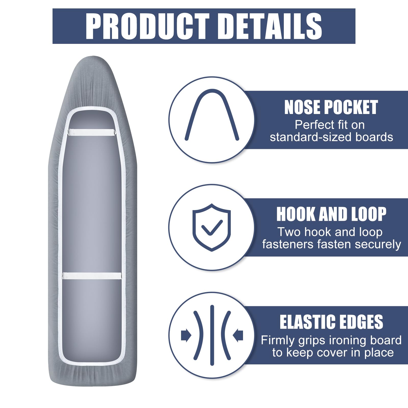 Hushee 2 Pack 19'' x 58'' Ironing Board Cover and Pad Scorch and Stain Resistant Iron Cover for Ironing Board with Elastic Edge Protective Scorch Mesh and 4 Fasteners for Home, Gray and Blue