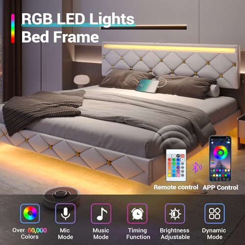 DICTAC Floating King Bed Frame with LED Lights and USB Ports Modern Upholstered Platform LED Bed Frame King Size with Headboard Faux Leather Low Profile Floating Bed Frame, No Box Spring Needed,White