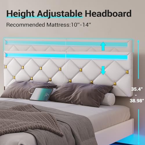 DICTAC Floating King Bed Frame with LED Lights and USB Ports Modern Upholstered Platform LED Bed Frame King Size with Headboard Faux Leather Low Profile Floating Bed Frame, No Box Spring Needed,White