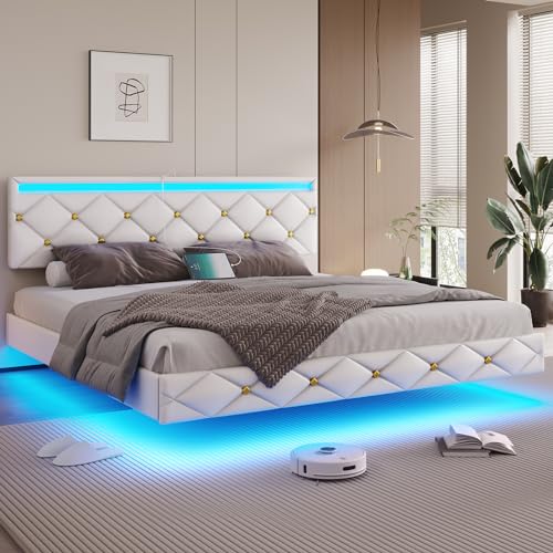 DICTAC Floating King Bed Frame with LED Lights and USB Ports Modern Upholstered Platform LED Bed Frame King Size with Headboard Faux Leather Low Profile Floating Bed Frame, No Box Spring Needed,White