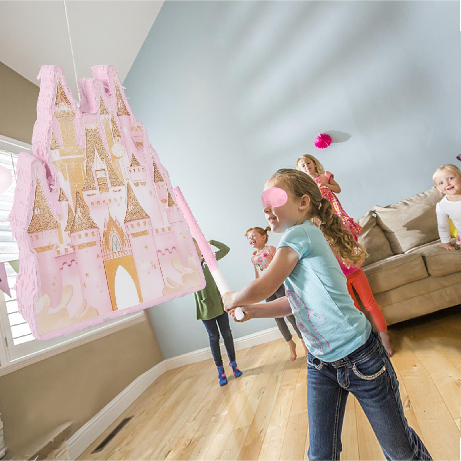 Princess Castle Pinata - Pink Castle Pinata with Blindfold and Bat for Girls Kids Princess Theme Birthday Party Game Decorations (16.7”x11.8”x3”)