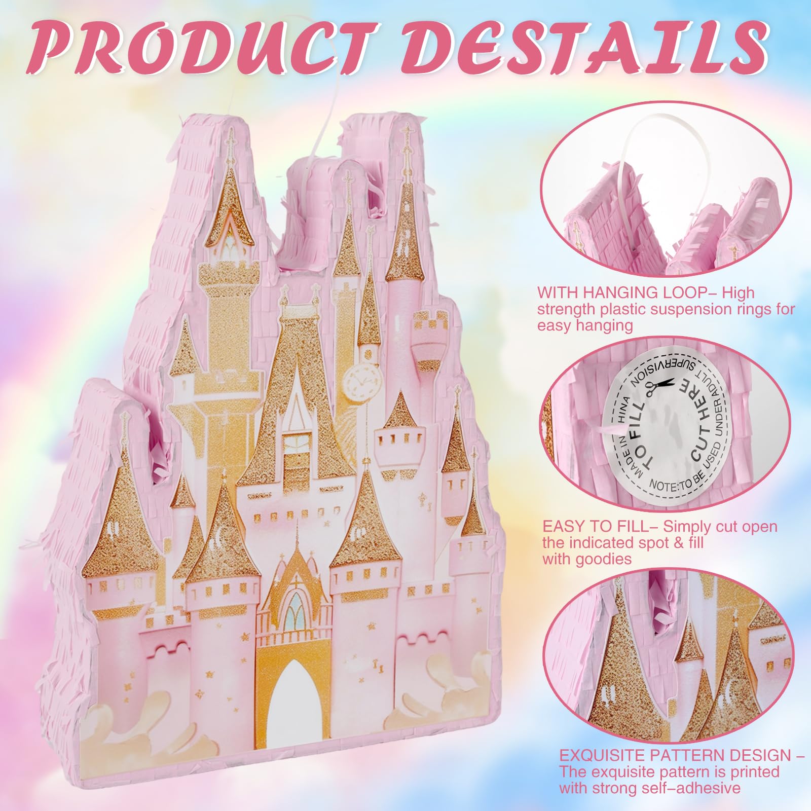 Princess Castle Pinata - Pink Castle Pinata with Blindfold and Bat for Girls Kids Princess Theme Birthday Party Game Decorations (16.7”x11.8”x3”)