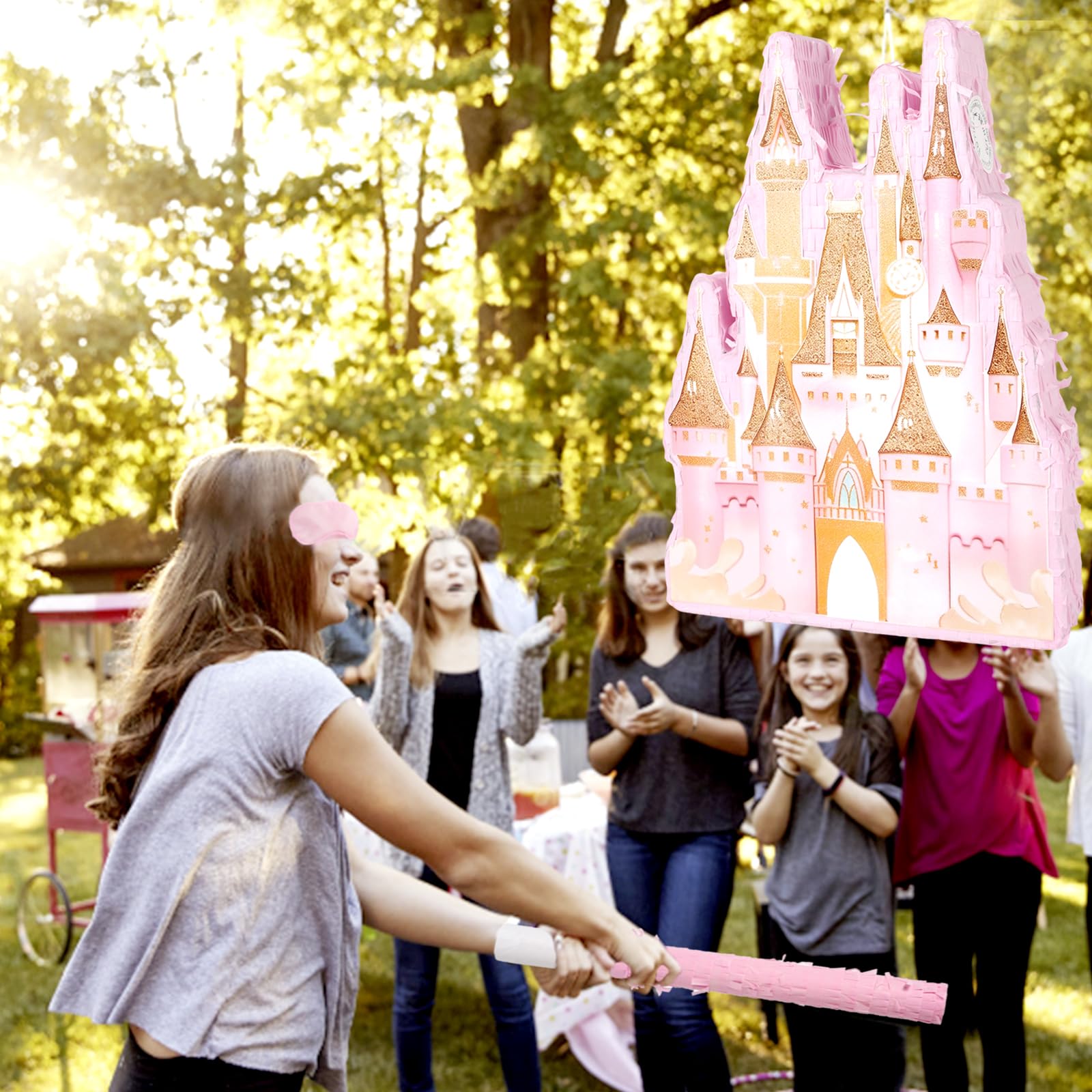 Princess Castle Pinata - Pink Castle Pinata with Blindfold and Bat for Girls Kids Princess Theme Birthday Party Game Decorations (16.7”x11.8”x3”)
