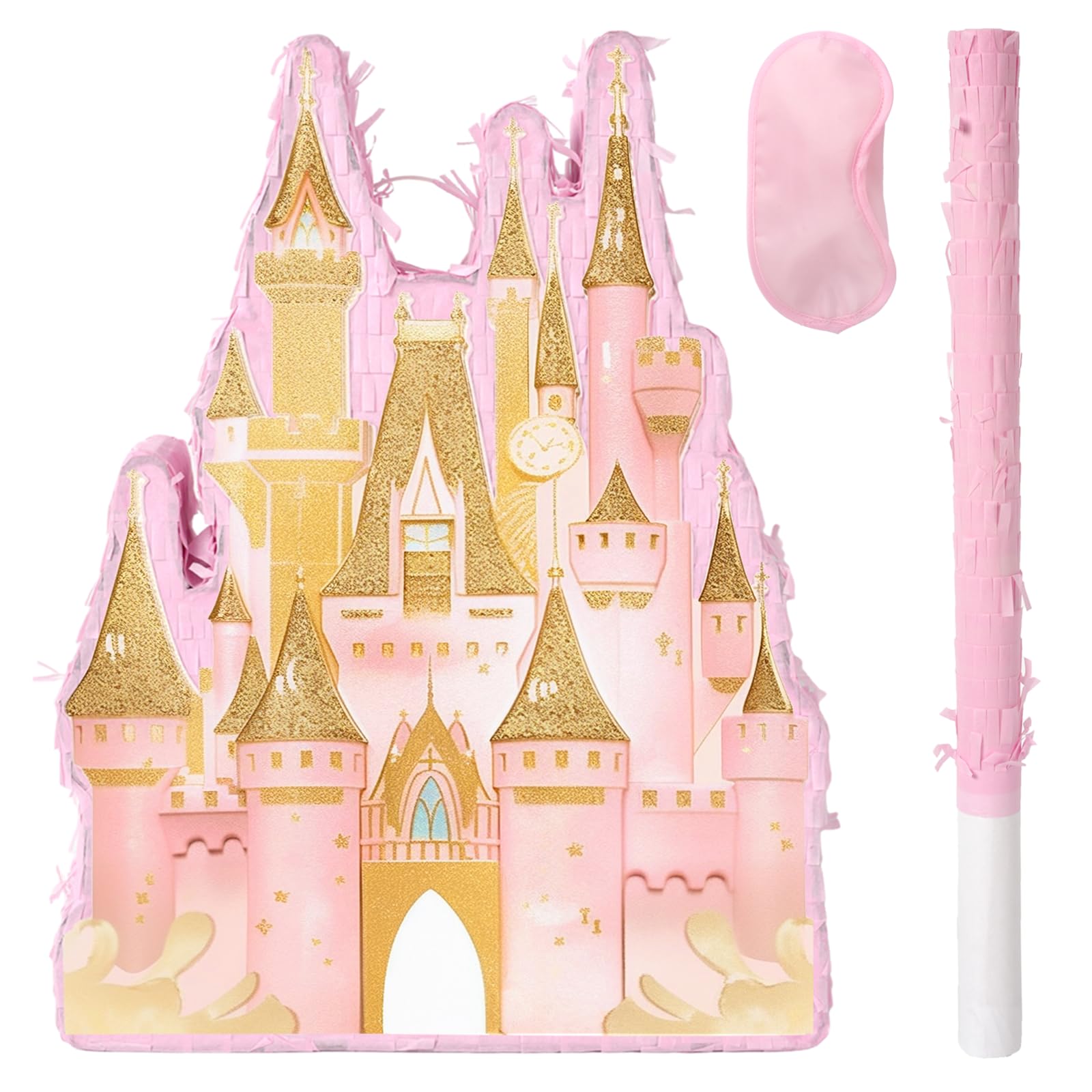 Princess Castle Pinata - Pink Castle Pinata with Blindfold and Bat for Girls Kids Princess Theme Birthday Party Game Decorations (16.7”x11.8”x3”)