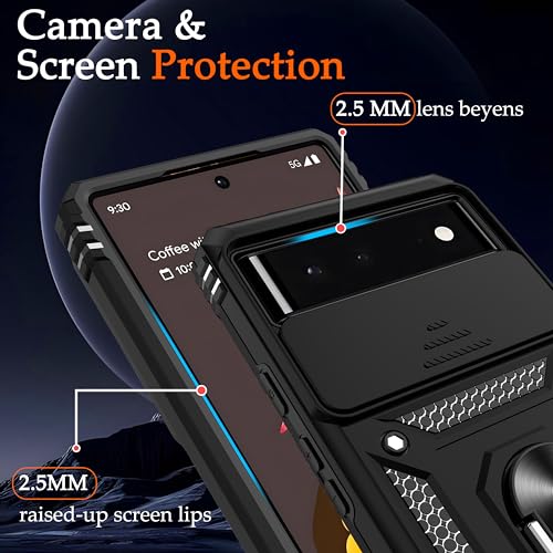 iBaove for Google Pixel 6 Case, Pixel 6 Case with 2 Pcs HD Screen Protector and Slide Camera Cover, Military Protection Shockproof with Ring Kickstand Case for Google Pixel 6, Black