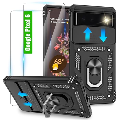 iBaove for Google Pixel 6 Case, Pixel 6 Case with 2 Pcs HD Screen Protector and Slide Camera Cover, Military Protection Shockproof with Ring Kickstand Case for Google Pixel 6, Black