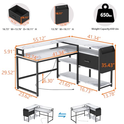Loomie L Shaped Computer Desk with Power Outlets, 55"x41"D Reversible Corner Desk with LED Light, Drawer & Monitor Stand, Home Office Gaming Desk with 4 Tier Storage Shelves & Bag, White Faux Marble