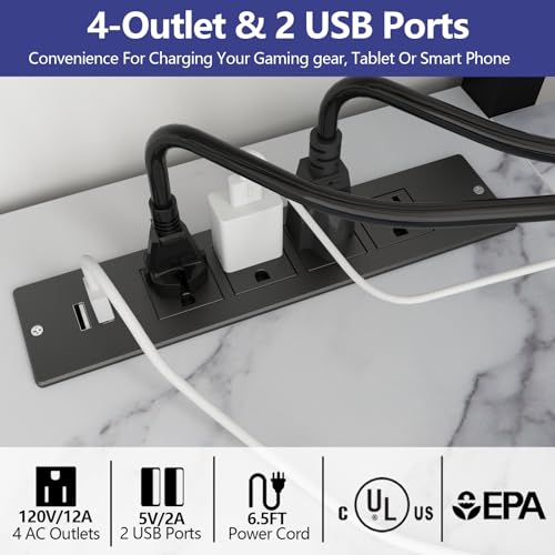 Loomie L Shaped Computer Desk with Power Outlets, 55"x41"D Reversible Corner Desk with LED Light, Drawer & Monitor Stand, Home Office Gaming Desk with 4 Tier Storage Shelves & Bag, White Faux Marble