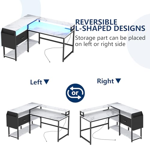 Loomie L Shaped Computer Desk with Power Outlets, 55"x41"D Reversible Corner Desk with LED Light, Drawer & Monitor Stand, Home Office Gaming Desk with 4 Tier Storage Shelves & Bag, White Faux Marble