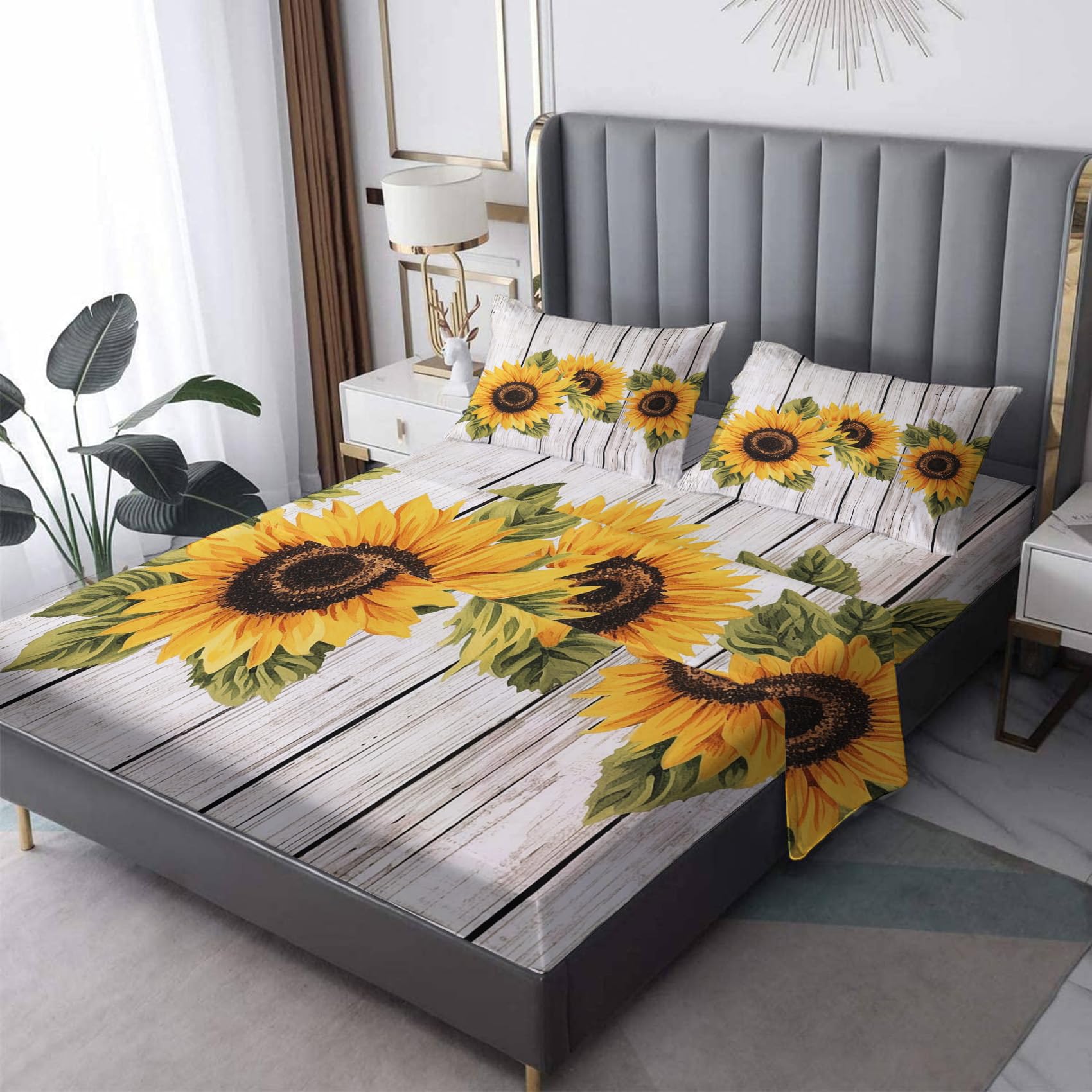 THYUNQ Sunflower Sheets Full Size Bed, Rustic Farmhouse Floral Pattern Bedding Sheets & Pillowcases - 16 Inch Deep Pocket, Super Soft Microfiber Printed Sheet Set 4 Piece