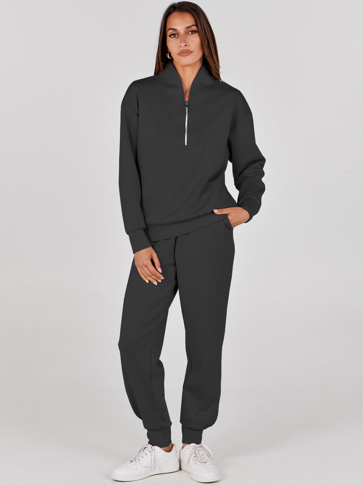 ANRABESS Women's 2 Piece Outfits Sweatsuit Half Zip Sweatshirt Jogger Sweatpant Trendy 2025 Fall Lounge Set Tracksuit Clothes Black Large