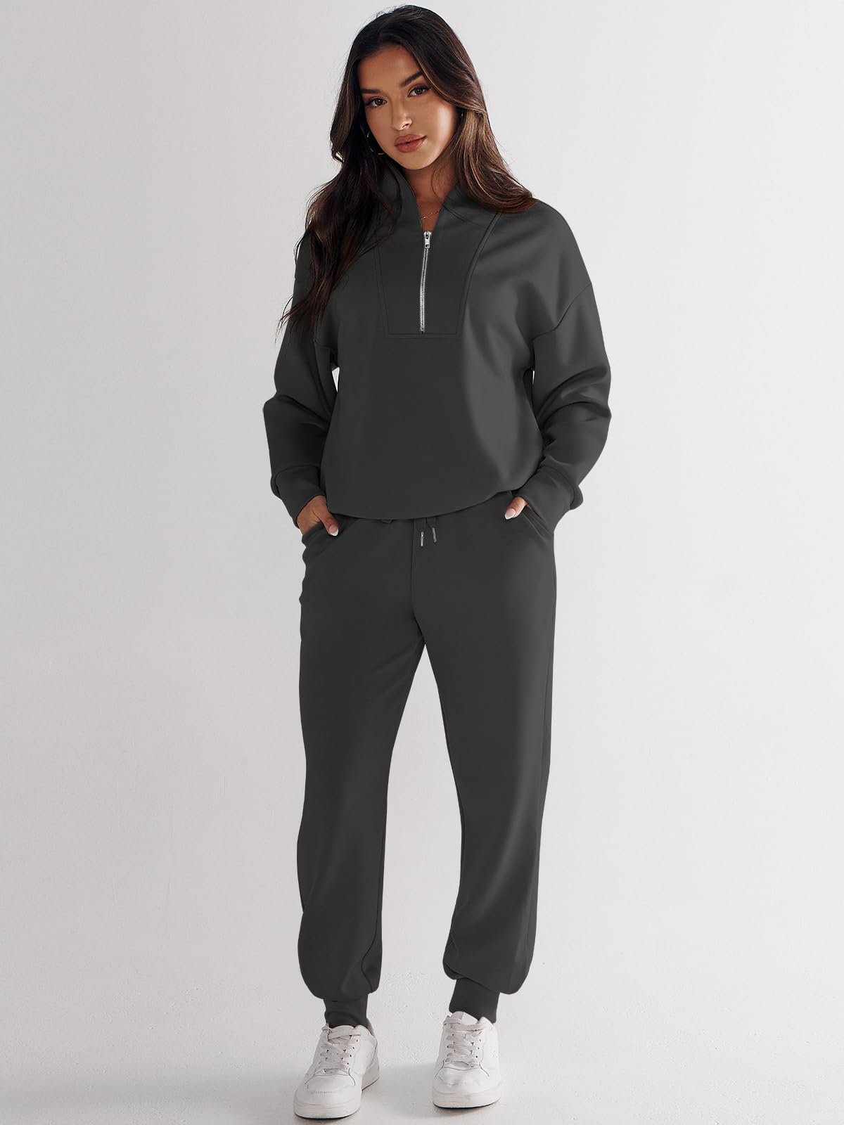 ANRABESS Women's 2 Piece Outfits Sweatsuit Half Zip Sweatshirt Jogger Sweatpant Trendy 2025 Fall Lounge Set Tracksuit Clothes Black Large