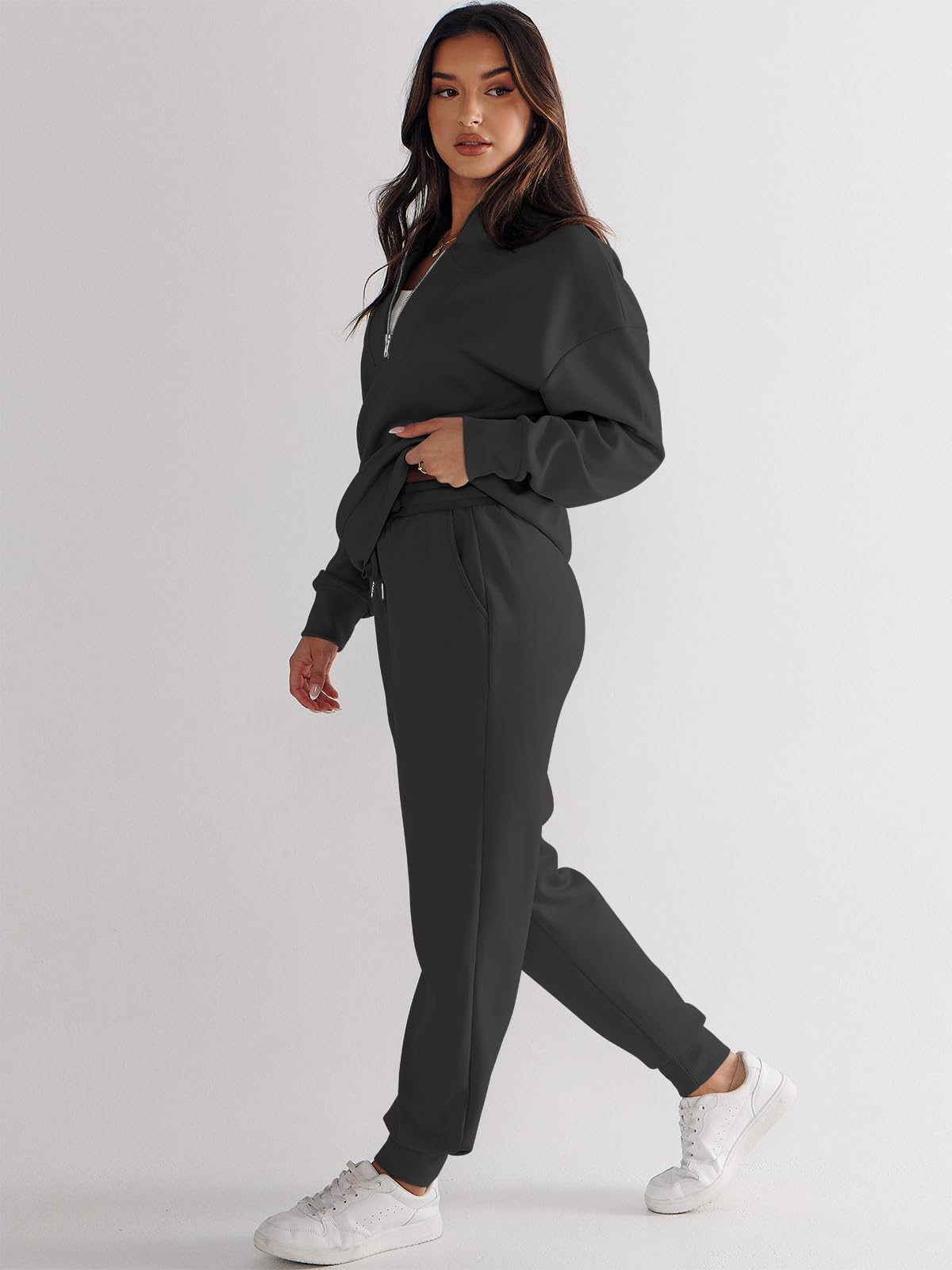 ANRABESS Women's 2 Piece Outfits Sweatsuit Half Zip Sweatshirt Jogger Sweatpant Trendy 2025 Fall Lounge Set Tracksuit Clothes Black Large