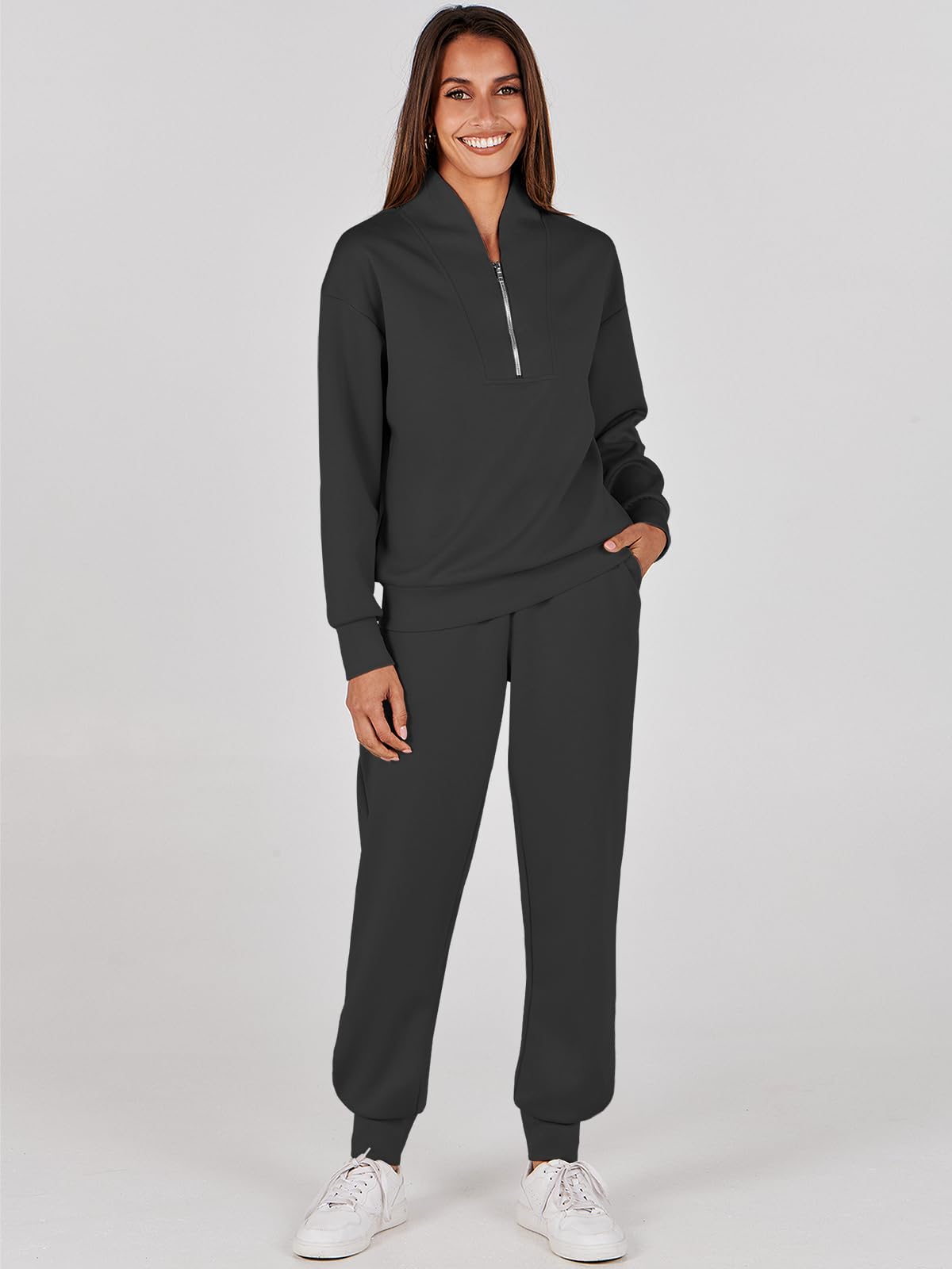 ANRABESS Women's 2 Piece Outfits Sweatsuit Half Zip Sweatshirt Jogger Sweatpant Trendy 2025 Fall Lounge Set Tracksuit Clothes Black Large