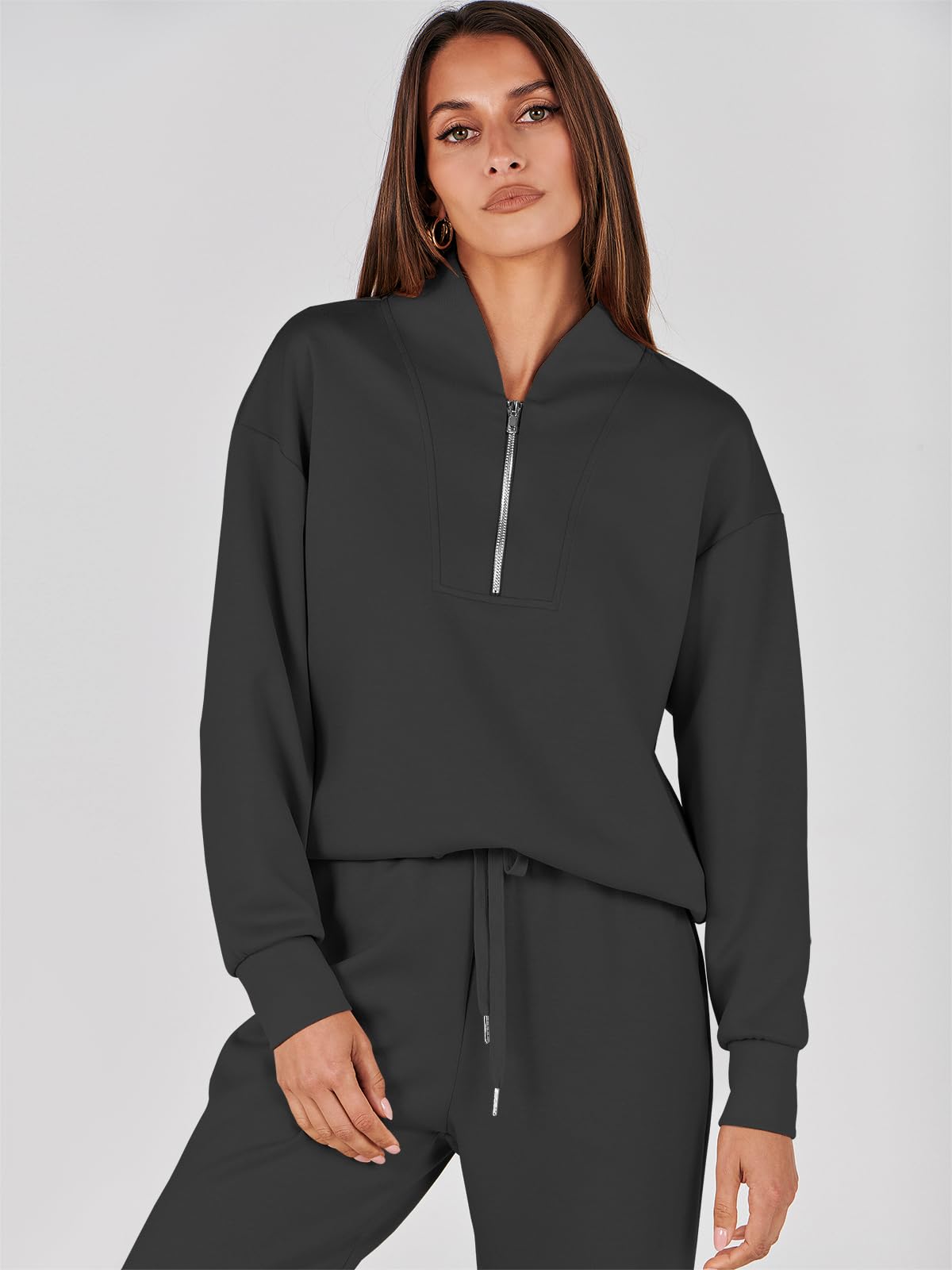ANRABESS Women's 2 Piece Outfits Sweatsuit Half Zip Sweatshirt Jogger Sweatpant Trendy 2025 Fall Lounge Set Tracksuit Clothes Black Large