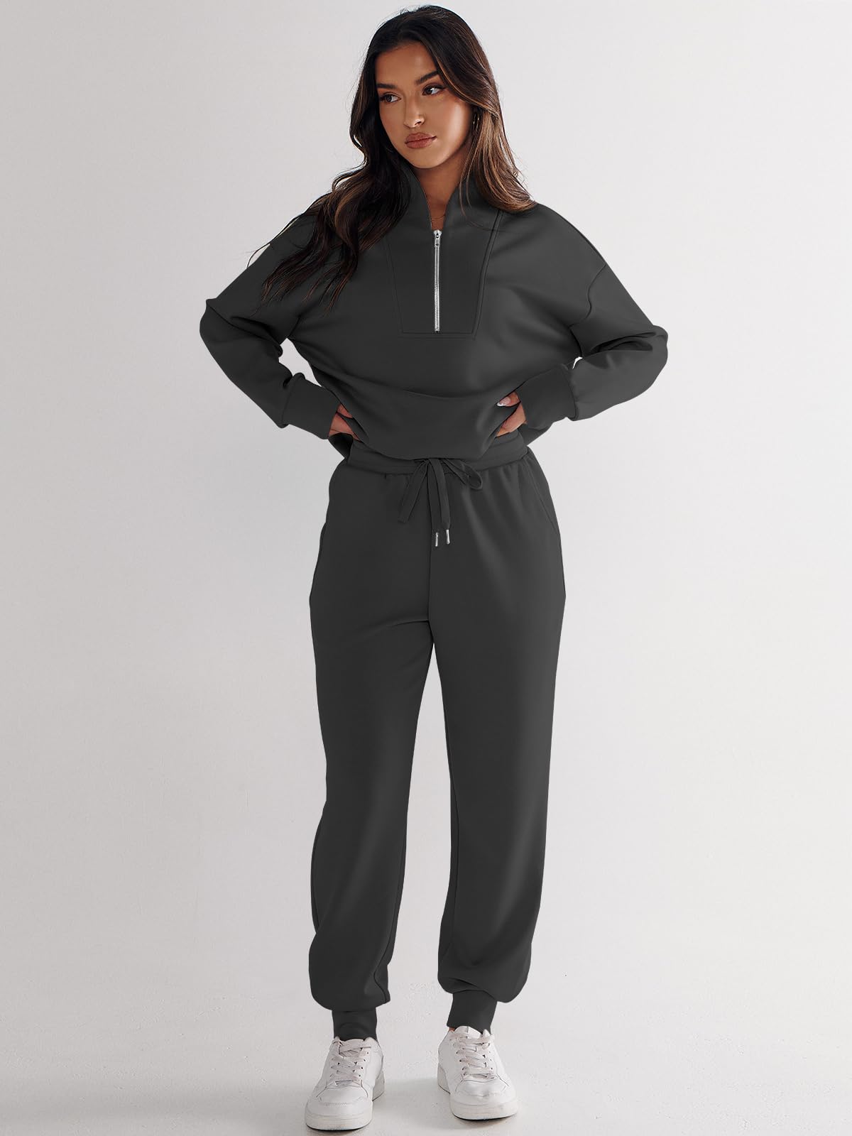 ANRABESS Women's 2 Piece Outfits Sweatsuit Half Zip Sweatshirt Jogger Sweatpant Trendy 2025 Fall Lounge Set Tracksuit Clothes Black Large