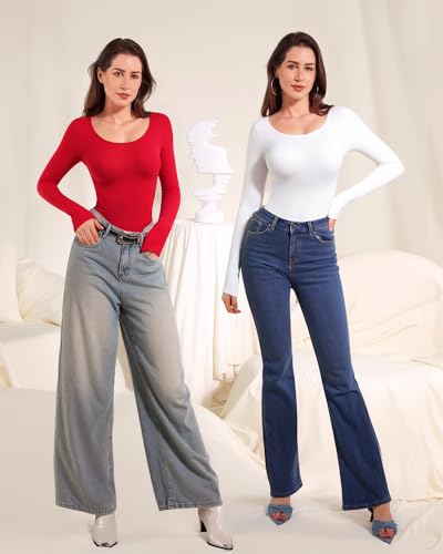 CLOZOZ Ribbed Long Sleeve Bodysuits for Women Shapewear Tummy Control Round Neck Red Body Suits