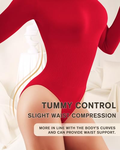 CLOZOZ Ribbed Long Sleeve Bodysuits for Women Shapewear Tummy Control Round Neck Red Body Suits
