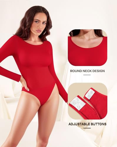 CLOZOZ Ribbed Long Sleeve Bodysuits for Women Shapewear Tummy Control Round Neck Red Body Suits