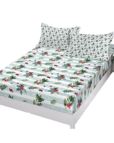 Full Size Fitted Sheet Bed Set Merry Christmas Holly Branch with Berry Deep Pocket Soft Bottom Sheets&Pillowcases for Bedroom Decor White and Blue Stripe,Fits Mattress Up to 16" Deep