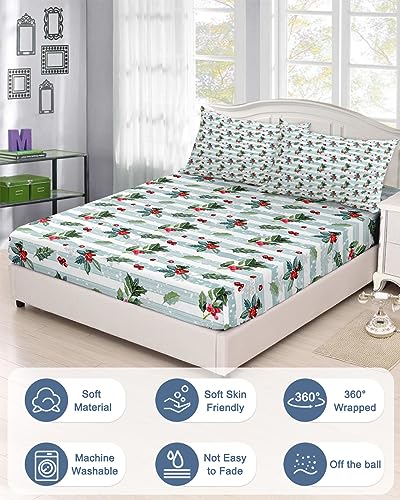 Full Size Fitted Sheet Bed Set Merry Christmas Holly Branch with Berry Deep Pocket Soft Bottom Sheets&Pillowcases for Bedroom Decor White and Blue Stripe,Fits Mattress Up to 16" Deep