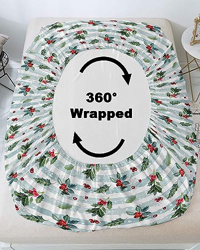 Full Size Fitted Sheet Bed Set Merry Christmas Holly Branch with Berry Deep Pocket Soft Bottom Sheets&Pillowcases for Bedroom Decor White and Blue Stripe,Fits Mattress Up to 16" Deep