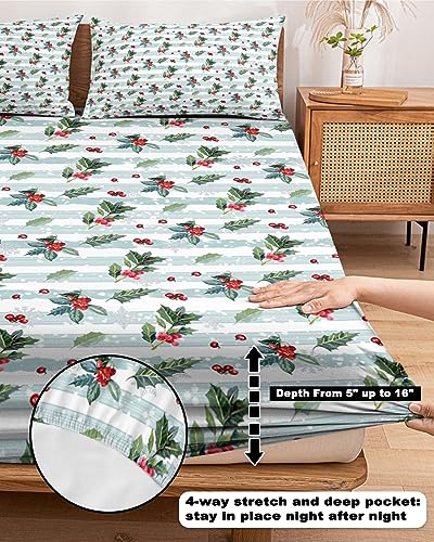Full Size Fitted Sheet Bed Set Merry Christmas Holly Branch with Berry Deep Pocket Soft Bottom Sheets&Pillowcases for Bedroom Decor White and Blue Stripe,Fits Mattress Up to 16" Deep