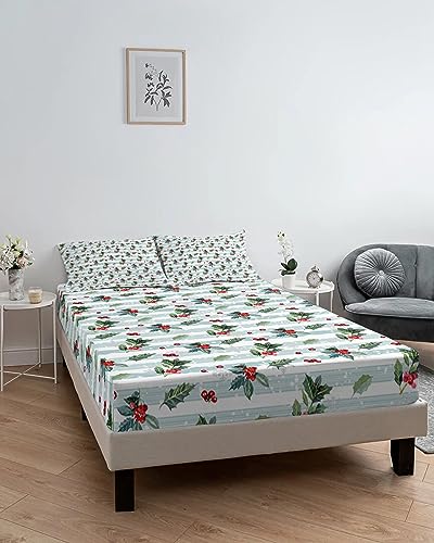Full Size Fitted Sheet Bed Set Merry Christmas Holly Branch with Berry Deep Pocket Soft Bottom Sheets&Pillowcases for Bedroom Decor White and Blue Stripe,Fits Mattress Up to 16" Deep