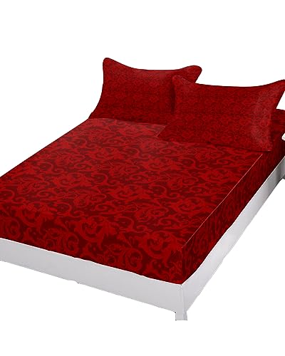 Full Size Fitted Sheet Bed Set Merry Christmas Leaves on Red Deep Pocket Soft Bottom Sheets&Pillowcases for Bedroom Decor Abstract Foliage Texture,Fits Mattress Up to 16" Deep