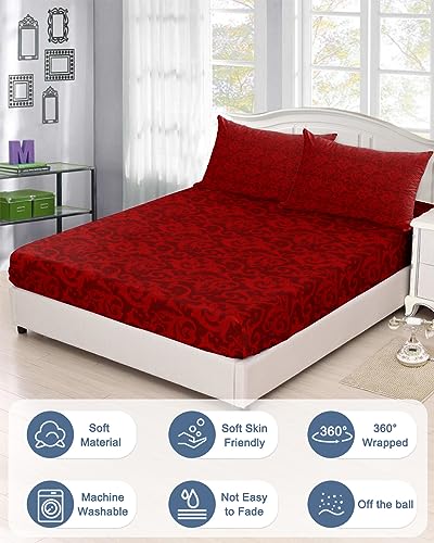 Full Size Fitted Sheet Bed Set Merry Christmas Leaves on Red Deep Pocket Soft Bottom Sheets&Pillowcases for Bedroom Decor Abstract Foliage Texture,Fits Mattress Up to 16" Deep