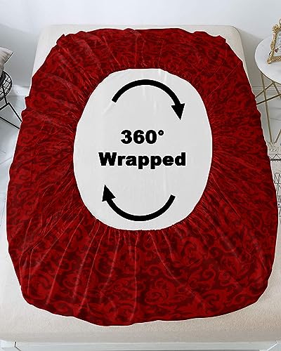 Full Size Fitted Sheet Bed Set Merry Christmas Leaves on Red Deep Pocket Soft Bottom Sheets&Pillowcases for Bedroom Decor Abstract Foliage Texture,Fits Mattress Up to 16" Deep