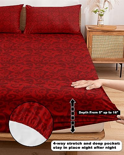Full Size Fitted Sheet Bed Set Merry Christmas Leaves on Red Deep Pocket Soft Bottom Sheets&Pillowcases for Bedroom Decor Abstract Foliage Texture,Fits Mattress Up to 16" Deep