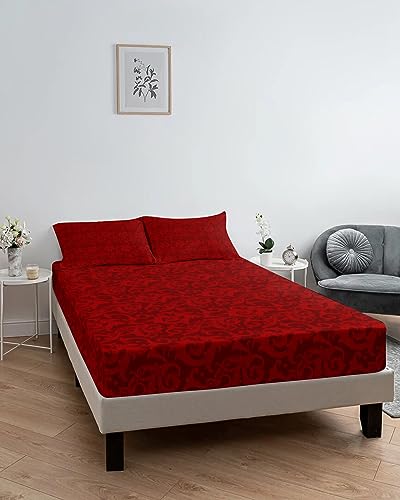 Full Size Fitted Sheet Bed Set Merry Christmas Leaves on Red Deep Pocket Soft Bottom Sheets&Pillowcases for Bedroom Decor Abstract Foliage Texture,Fits Mattress Up to 16" Deep