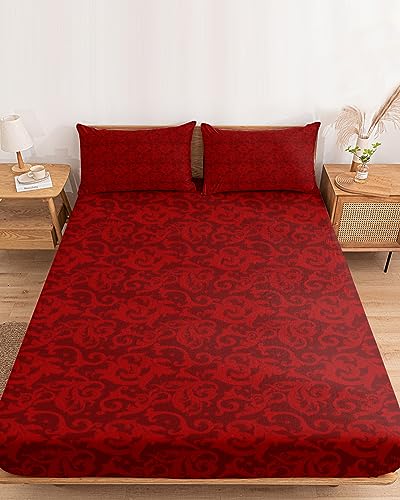 Full Size Fitted Sheet Bed Set Merry Christmas Leaves on Red Deep Pocket Soft Bottom Sheets&Pillowcases for Bedroom Decor Abstract Foliage Texture,Fits Mattress Up to 16" Deep