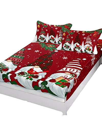 Full Size Fitted Sheet Bed Set Christmas Dwarf Holly Cardinal Deep Pocket Soft Bottom Sheets&Pillowcases for Bedroom Decor Winter Snowflake on Red,Fits Mattress Up to 16" Deep
