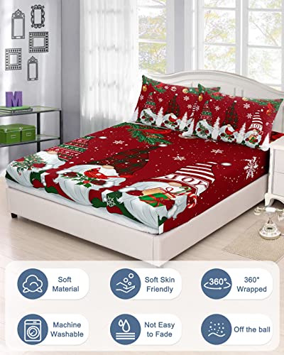 Full Size Fitted Sheet Bed Set Christmas Dwarf Holly Cardinal Deep Pocket Soft Bottom Sheets&Pillowcases for Bedroom Decor Winter Snowflake on Red,Fits Mattress Up to 16" Deep