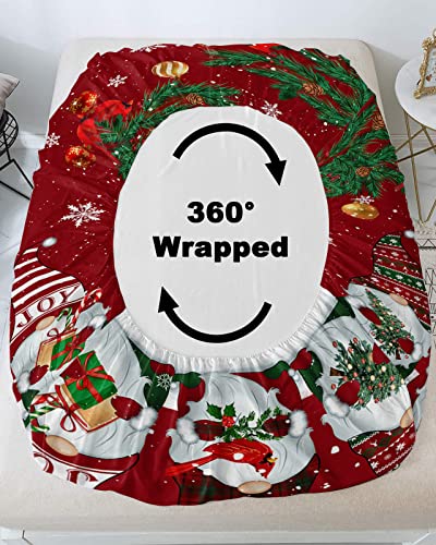Full Size Fitted Sheet Bed Set Christmas Dwarf Holly Cardinal Deep Pocket Soft Bottom Sheets&Pillowcases for Bedroom Decor Winter Snowflake on Red,Fits Mattress Up to 16" Deep