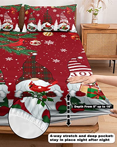 Full Size Fitted Sheet Bed Set Christmas Dwarf Holly Cardinal Deep Pocket Soft Bottom Sheets&Pillowcases for Bedroom Decor Winter Snowflake on Red,Fits Mattress Up to 16" Deep